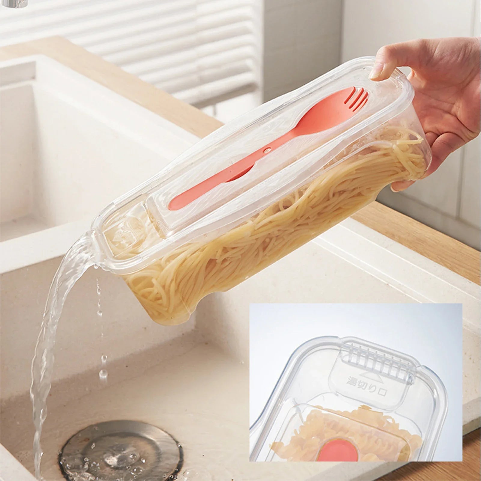 Clear Pasta Container With Integrated Strainer And Utensil on Luulla
